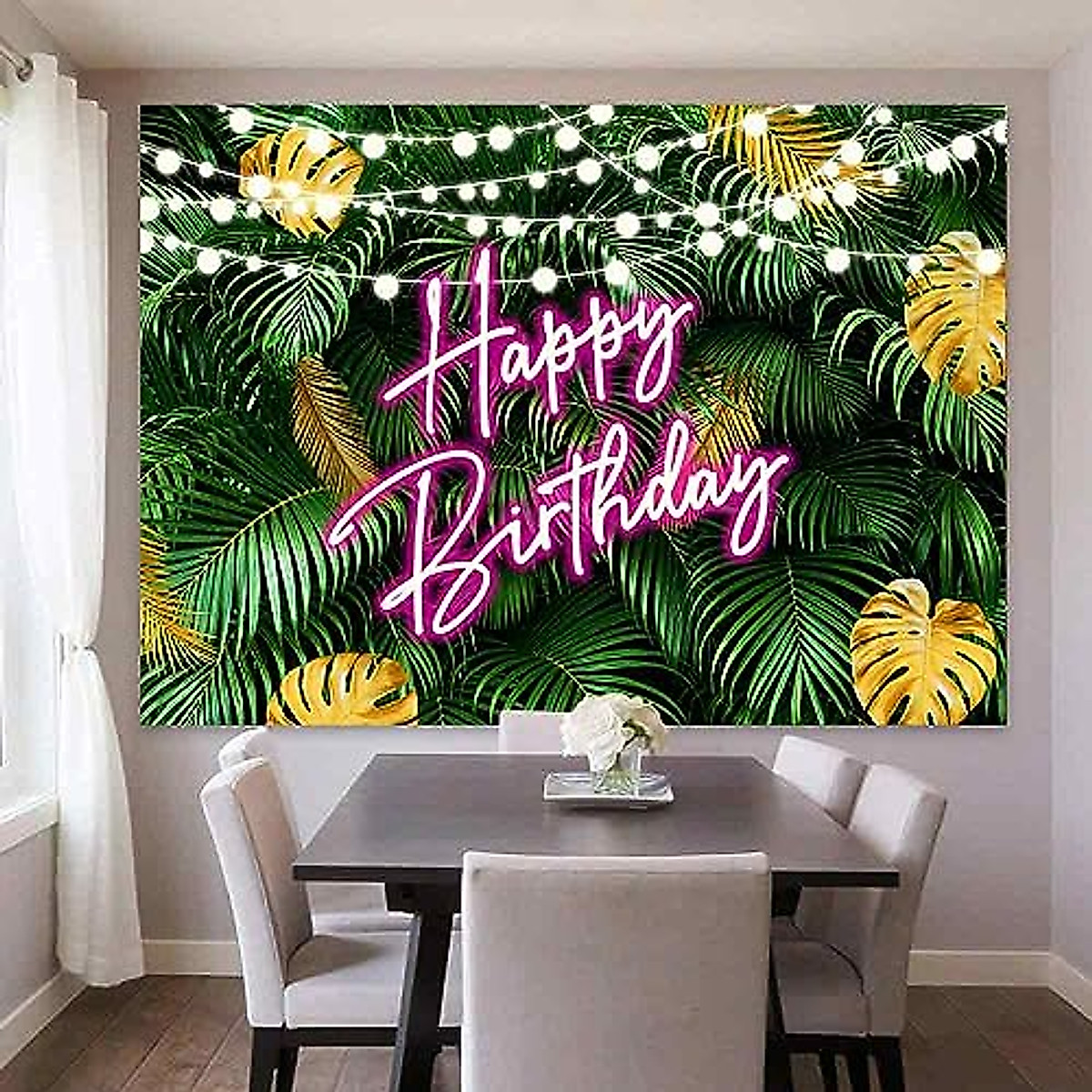Sensfun Hawaiian Tropical Palm Leaves Happy Birthday Backdrop Aloha Luau Pink Neon Birthday Jungle Green Leaves Photo Background Adults 30th 40th 50th Birthday Decorations Banner Photo Props 7x5ft