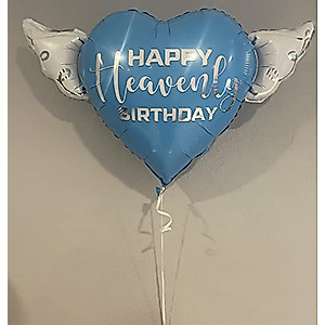 Happy Heavenly Birthday blue heart shaped balloon with angel wings