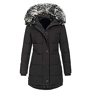Womens Winter Puffer Coats Warm Faux Fur Hood Zip Up Padded Down Jackets Plus Size Waterproof Parka Outwear with Pocket Black