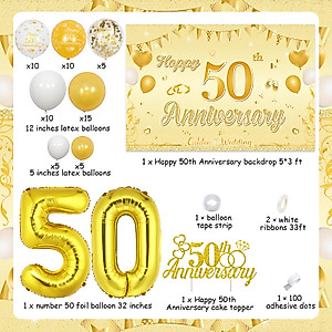 50th Golden Wedding Anniversary Decorations - Happy 50th Anniversary Gold and White Balloon Arch Kit with Backdrop, Cake Topper, Foil Balloons for Cheers to 50th Anniversary Party Supplies