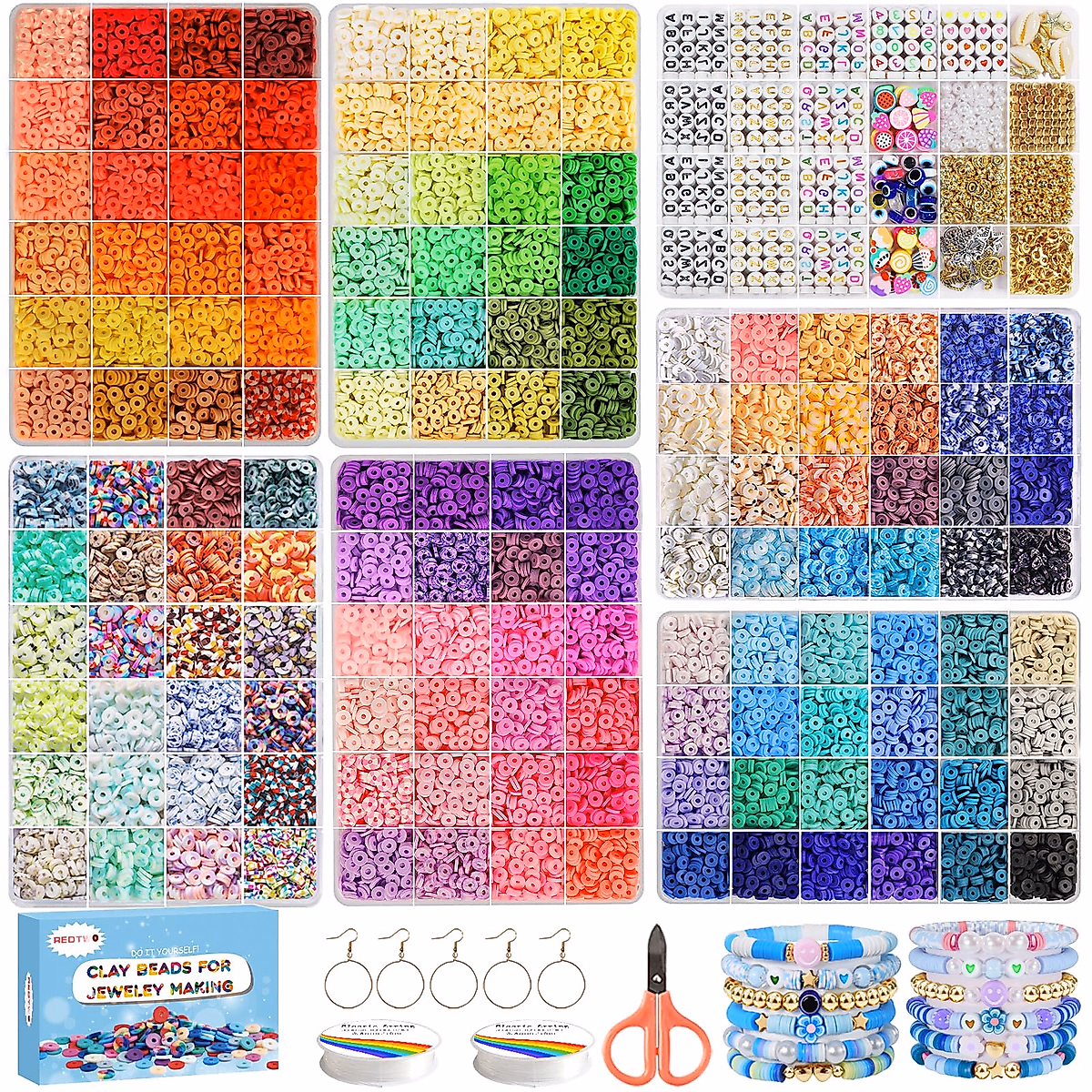 Redtwo 23000 Pcs Clay Beads Bracelet Making Kit 144 Colors 7 Boxes Flat Polymer Heishi Beads Set for Friendship Jewelry Making with Pendant Charms Crafts Gifts for Girls Ages 6-12 Kids Adults