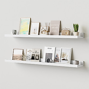 Acovy Floating Shelves for Wall, 36 inch Solid Wood Picture Ledge Shelf, Picture Shelf for Wall with Ledge, Floating Book Shelves for Living Room Bedroom Kitchen Nursery Decor, White, Set of 2