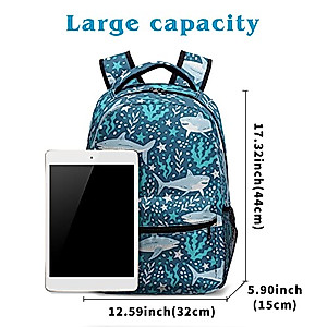 Dacawin Green Shark Kids Backpack for Boys Ocean Themed Backpacks Blue Lightweight Elementary Bookbags Durable Kindergarten School Bag for Student Girls Teens