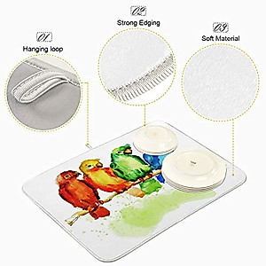 Watercolour Parrot Bird Tree Dish Drying Mat 24"x18" Absorbent Machine Washable Hanging Fast Dry Pad Dish Protective Mat for Kitchen Countertop Heat Resistant Dinner Table Mat