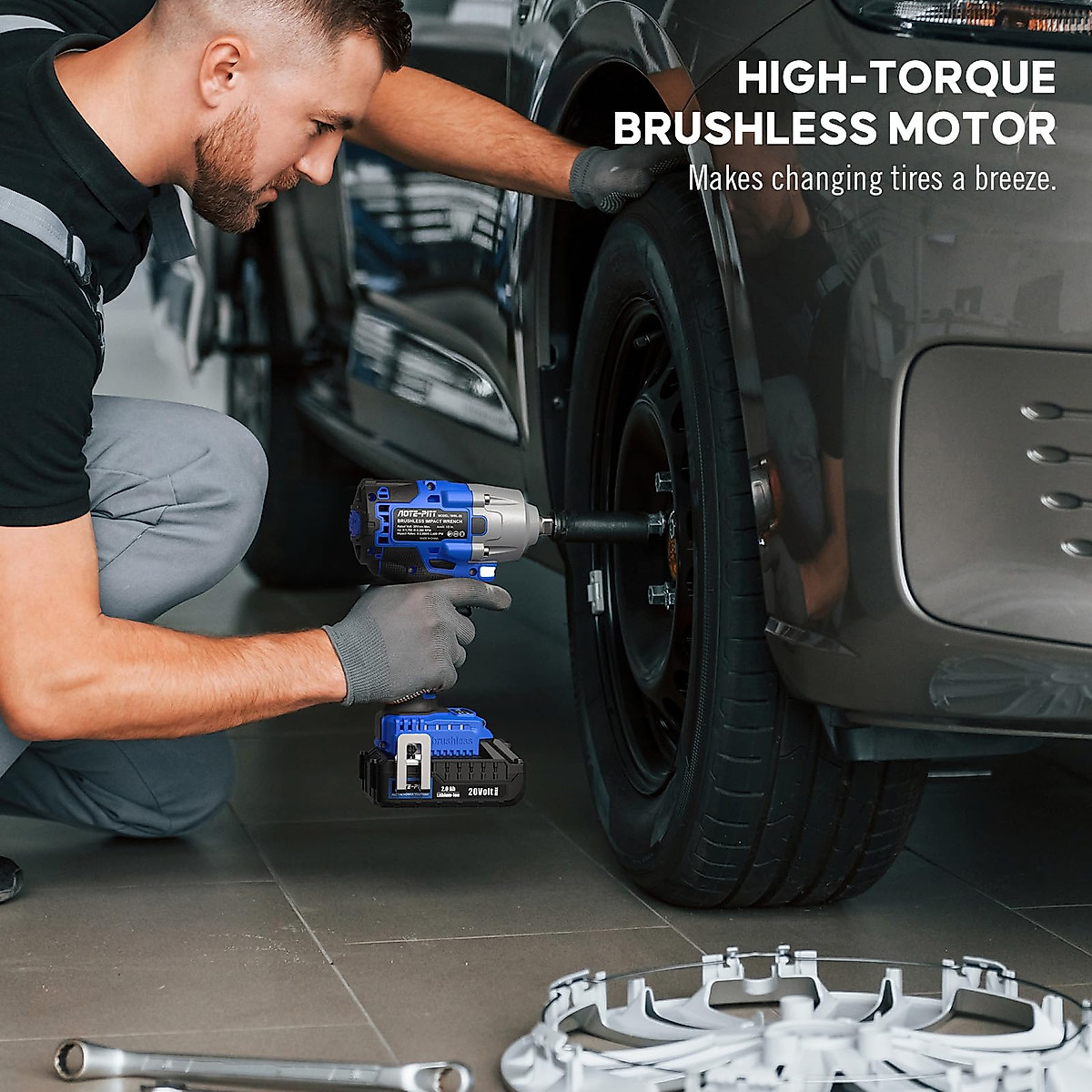 AOTE-PITT 20V 370 Ft-lbs Brushless Impact Wrench Kit, 1/2 Inch Cordless Electric Impact Gun, High Torque 3,400 IPM Impact Driver with 6 Pcs Drive Impact Sockets, Battery, Fast Charger, and Tool Bag