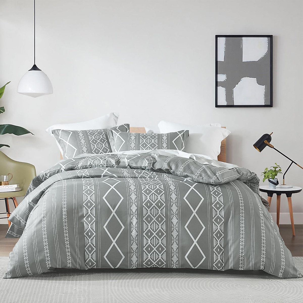 EWlinens Boho Duvet Cover King Size - Gray Geometric Bedding Duvet Cover Set 3 Pieces Bohemian Striped Pattern Printed Cotton Comforter Cover with Zipper Closure & Corner Ties, 104"x90"
