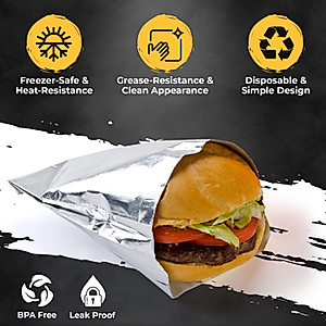 C&S Event Supply Co. Aluminum Foil Hamburger Sleeves - Water and Grease Resistance Sandwich Bags - BPA Free Burger Wrappers for Panini's, Pita Pockets, and Hot Sandwich (50, Silver)