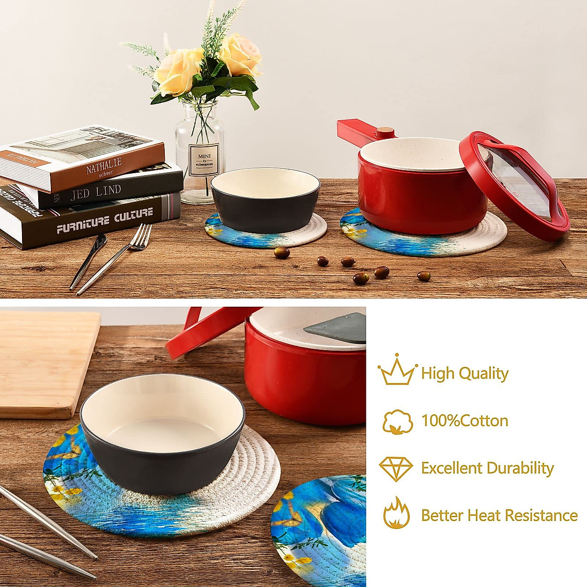 Kigai Blue Tulips with Mimosa and Butterfly Round Pot Holders Trivets Set 2 Pcs, 100% Cotton Thread Weave Trivets for Hot Dishes,Pot,Bowl,Teapot,Plates