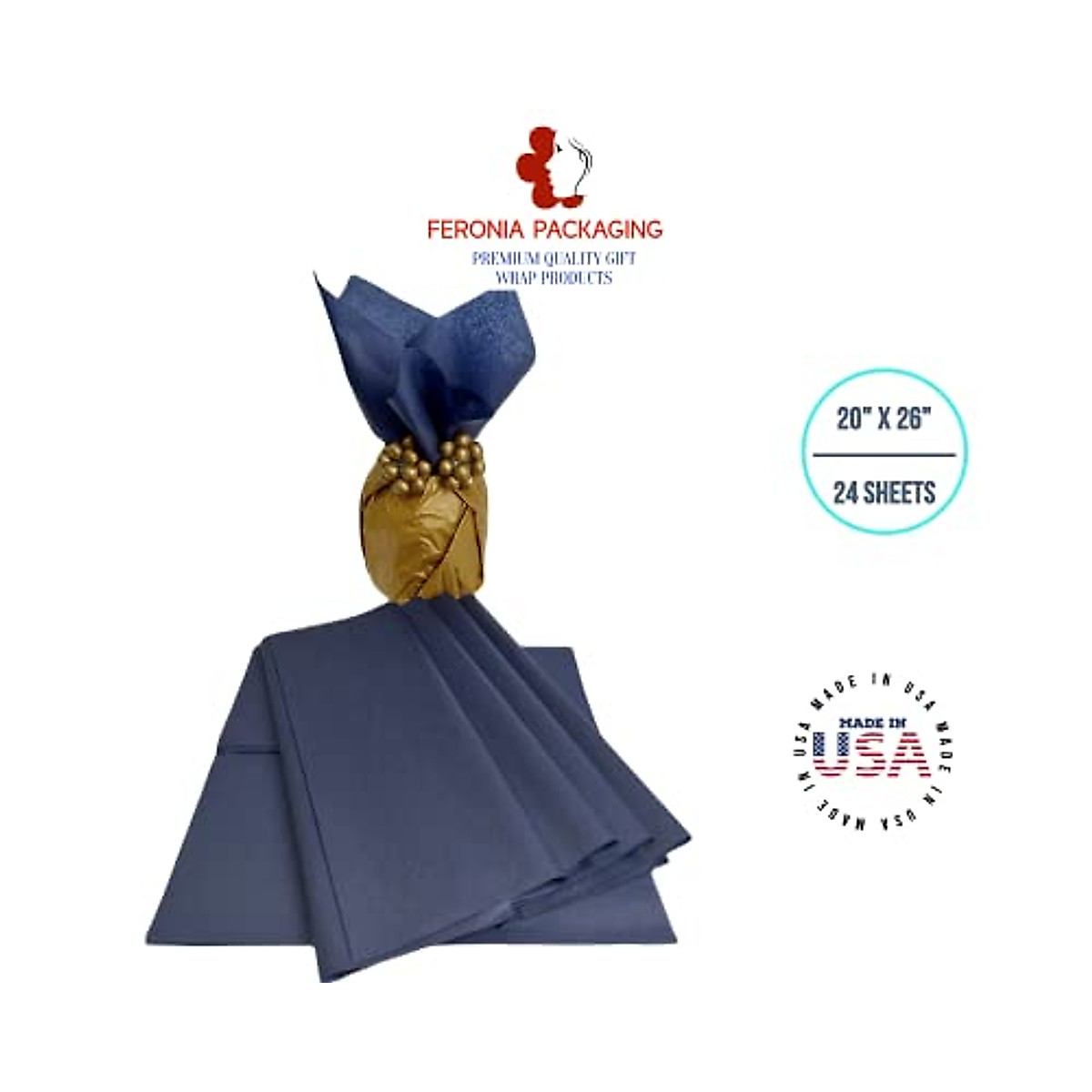 Navy Blue Tissue Paper Squares, Bulk 24 Sheets, Premium Gift Wrap and Art Supplies for Birthdays, Holidays, or Presents by Feronia packaging, Large 20 Inch x 26 Inch