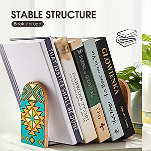 2 Pack Wood Bookends,Native Aztec Tribal Turquoise Decorative Book Ends Support for Shelves Desktop Organizer Wooden Bookshelf for Home School Office