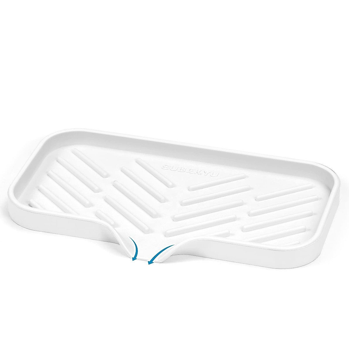 SUBEKYU Silicone Kitchen Soap Tray, Sink Tray for Kitchen Counter/Soap Bottles, Sponge Holder and Organizer with Drain Spout, White, [Size: 9.5 x 5 inch]
