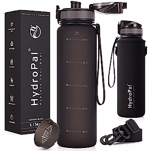 Unistar Water Bottle with Time Marker -Large 34 oz Tritan Bottle & No Sweat Sleeve -Leak Proof Gym Sports Bottle with Fruit Infuser Strainer & Carrying Strap - Gift Package for Christmas