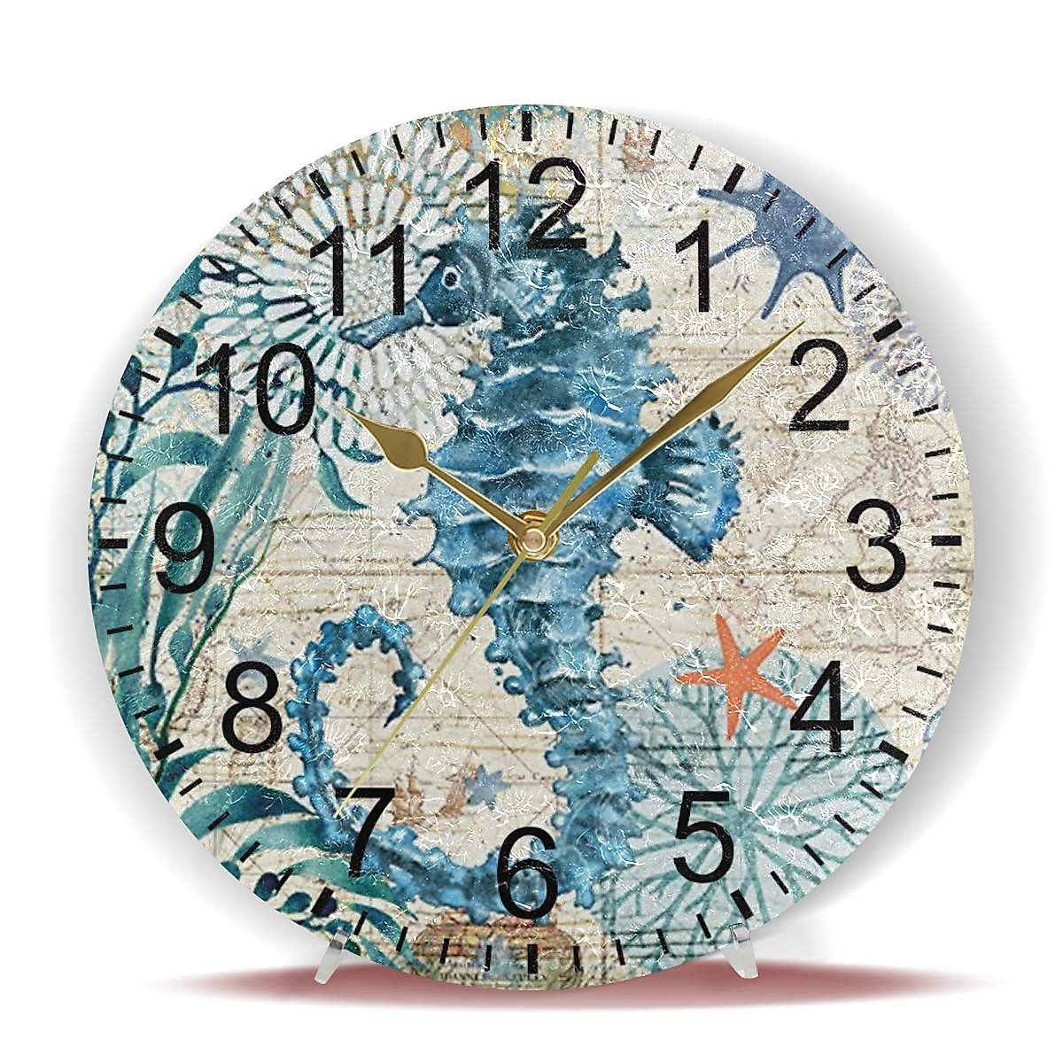 Wamika Wall Clock Ocean, Silent Non-Ticking, 10 Inch Battery Operated Quartz Analog Clock, Nautical Blue Map Sea Life Design, Easy to Read, Ideal for Home, Office, School