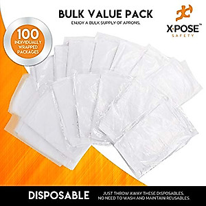 Xpose Safety 100 White Plastic Disposable Aprons For Cooking, Painting and More - Individually Packaged - Durable 1 mil Waterproof Polyethylene - 24" x 48"