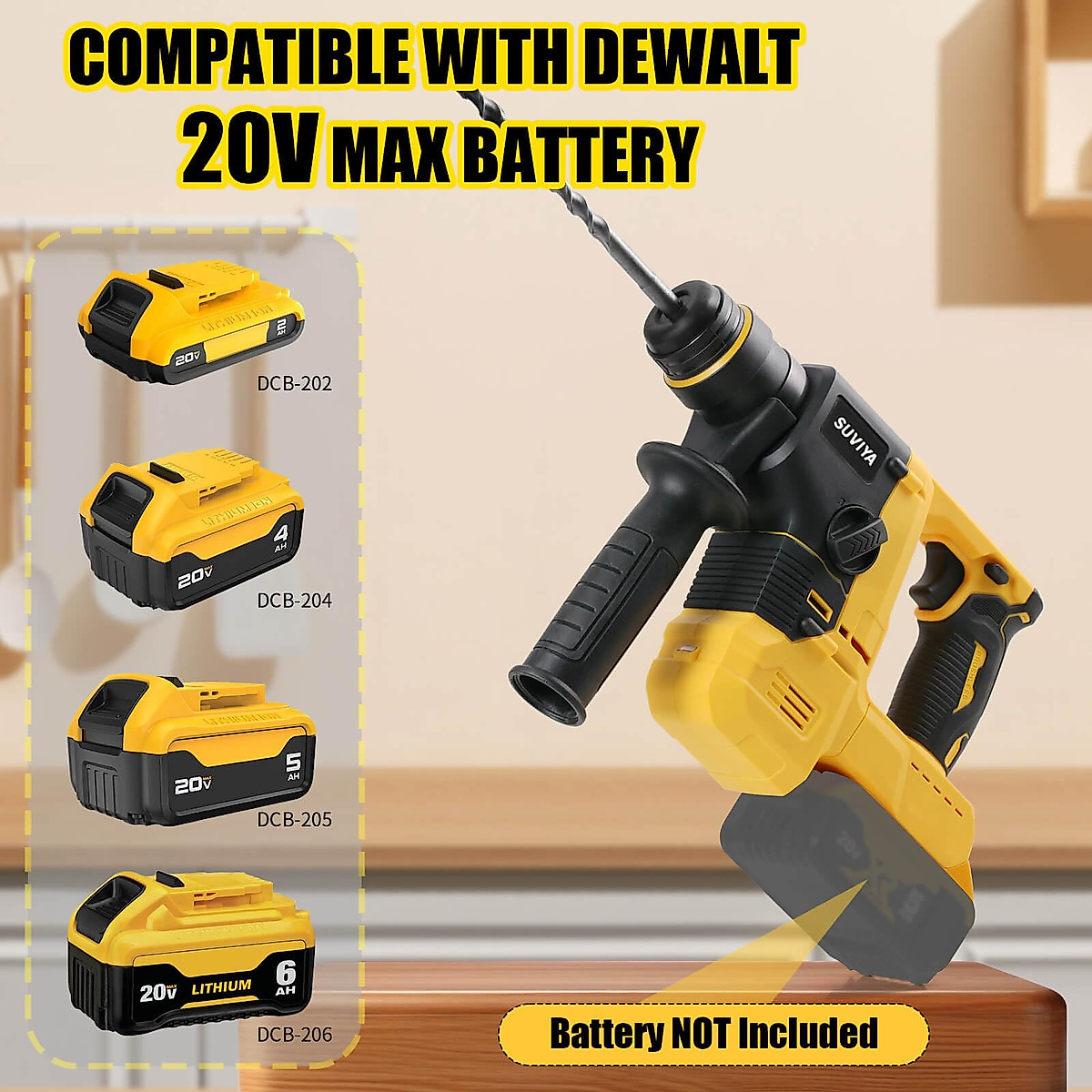 Rotary Hammer Drill Compatible With Dewalt 20V MAX Battery, Brushless SDS Cordless Rotary Hammer for Concrete/Masonry, 2 Modes with 360°Auxiliary Handle and 4 Drill Bits (Battery not included)