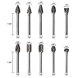 Carbide Burr Set JESTUOUS 1/8 Inch Shank with 1/4 Inch Head Double Cut Rotary Burrs Die Grinder Drill Bits for Woodworking Engraving Drilling Carving,10pcs