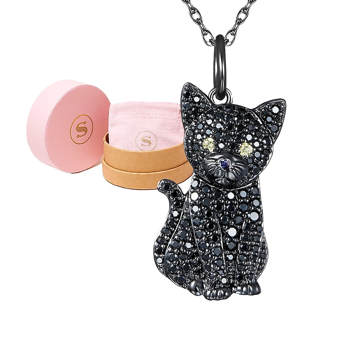 SCAMPER & CO Black Cat Necklace for Women, Genuine Cubic Zirconia Kitten Pendant Charm, Jewelry Gift for Cat Lovers, Premium Sterling Silver Chain with Secure Claw Clasp, 18 inch with 2 inch extender