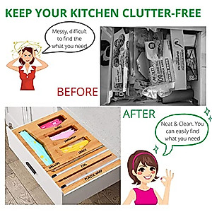 Bamboo Ziplock Bag Organizer with Foil and Plastic Wrap Organizer with Cutter - Aluminum Foil Dispenser for Drawer - Compatible with 12" Regular Kitchen Rolls