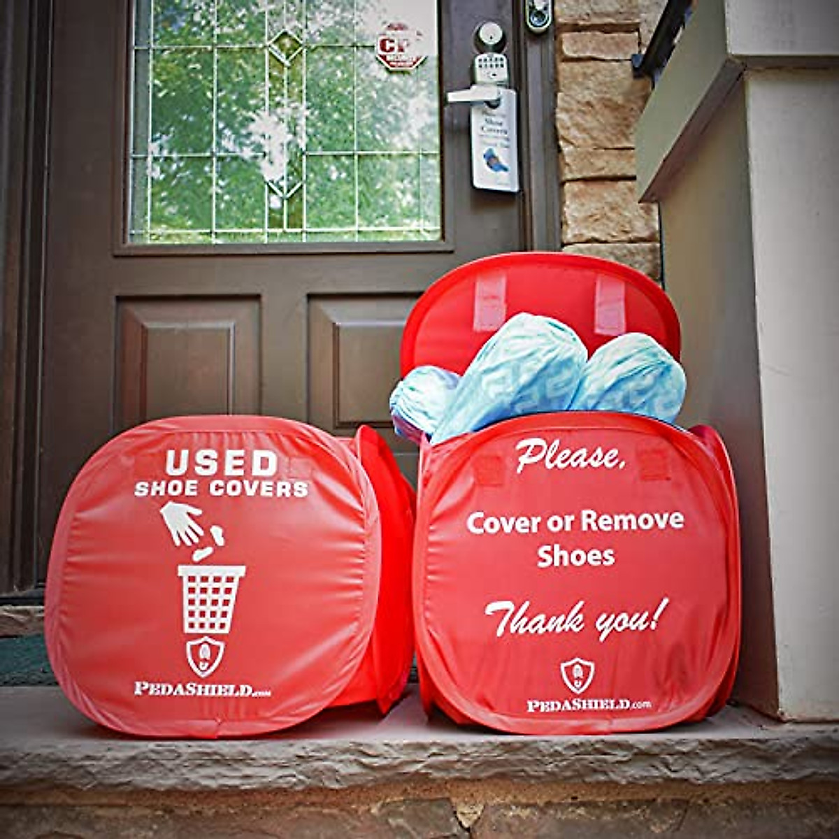 PedaShield Shoe Covers box | Collapsible Shoe Basket Bin Bootie Box | Reversible Door Hanger Signs | Realtors Open House 10" Foldable Storage holds 100 Disposable (2 Red Box + 2 Door Hang, 4)