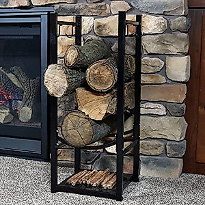 Sunnydaze Firewood Log Rack with Tool Holder Hooks - Indoor/Outdoor Durable Powder-Coated Steel Space-Saving Design - Black