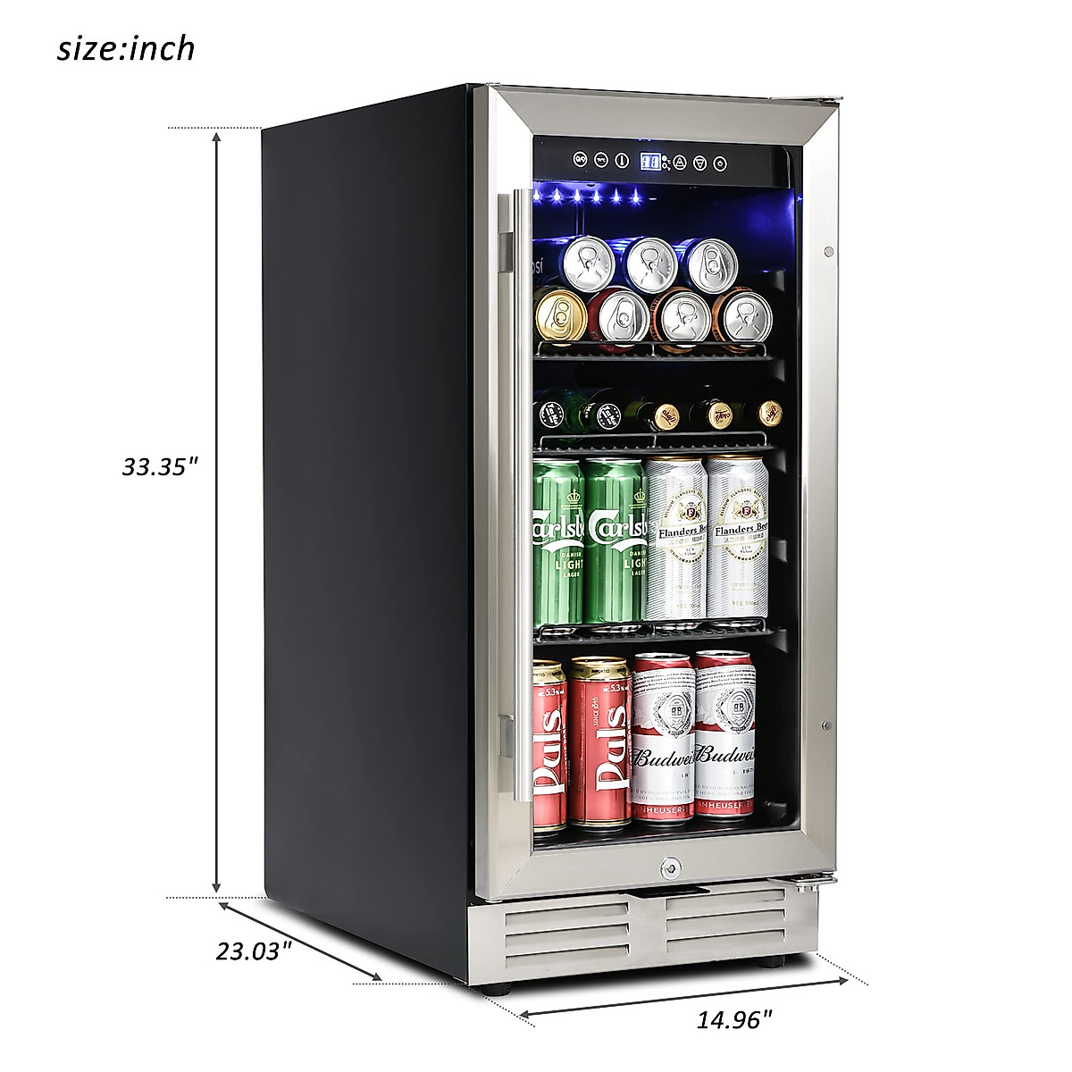 LUMISOL Mini Beverage Refrigerator and Cooler, 15" Cooler Under Counter Built-in or Freestanding, 120 Cans Capacity Wine Cabinet with Blue Interior Light Adjustable Shelves, for Home Bar office