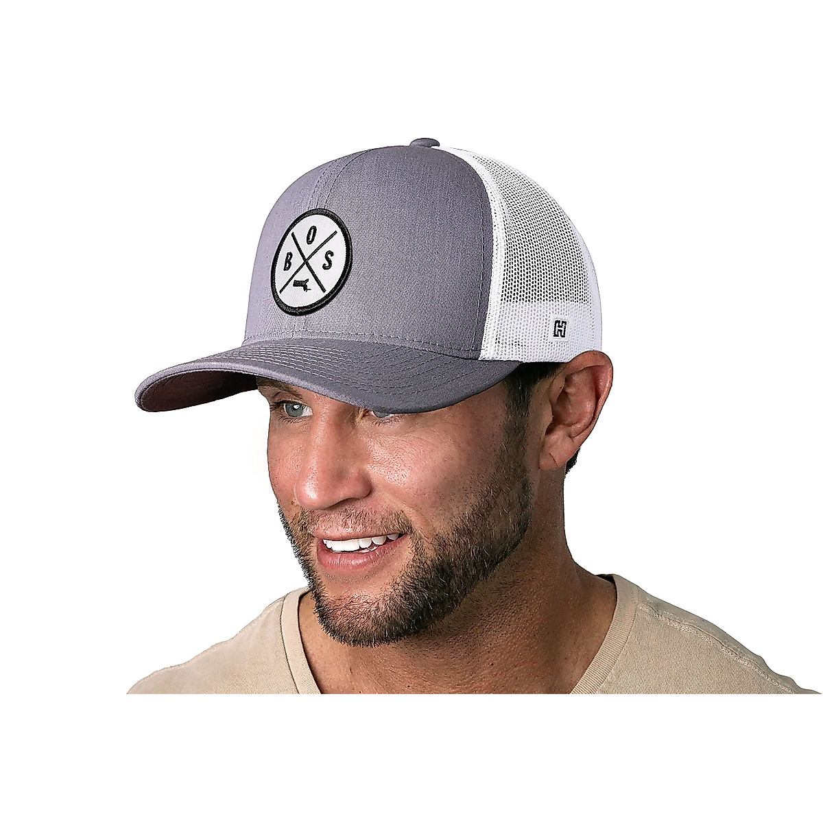 HAKA Boston Hat – BOS Trucker Hat for Men & Women, Adjustable Baseball Cap, Mesh Snapback, Outdoor Golf Hat - Gray & White