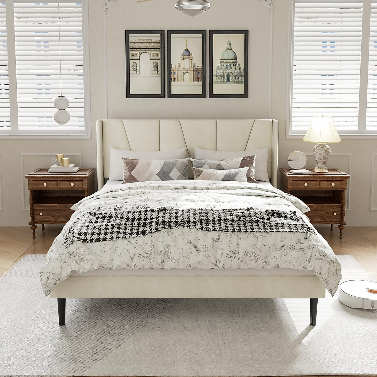 HAOARA Queen Size Bed Frame with Headboard, Velvet Upholstered Platform Bed Frames, Contemporary Mattress Foundation, Noise Free, No Box Spring Needed, Easy Assembly, Beige