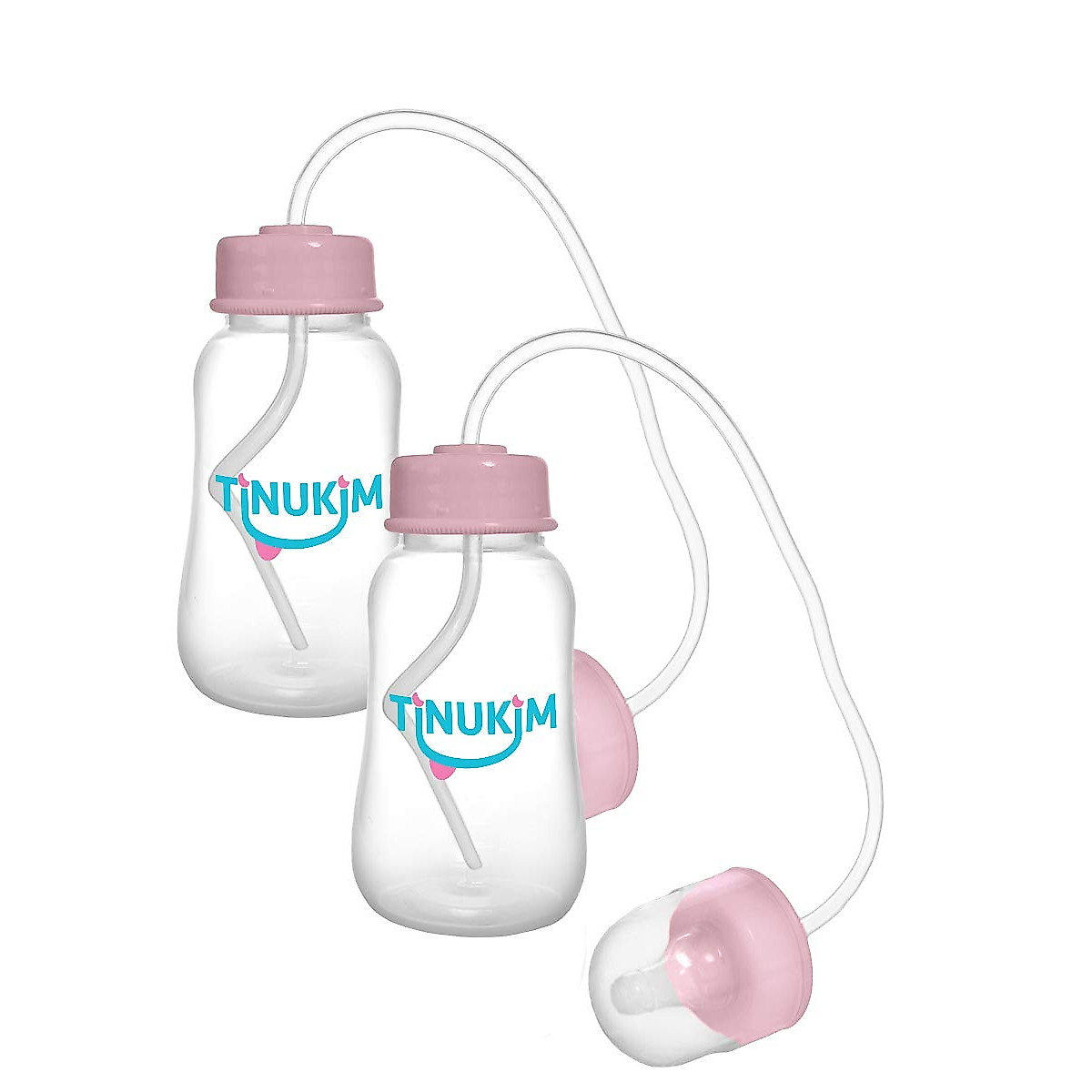Tinukim iFeed 4 Ounce Self Feeding Baby Bottle with Tube - Handless Anti-Colic Nursing System, Pink - 2-Pack