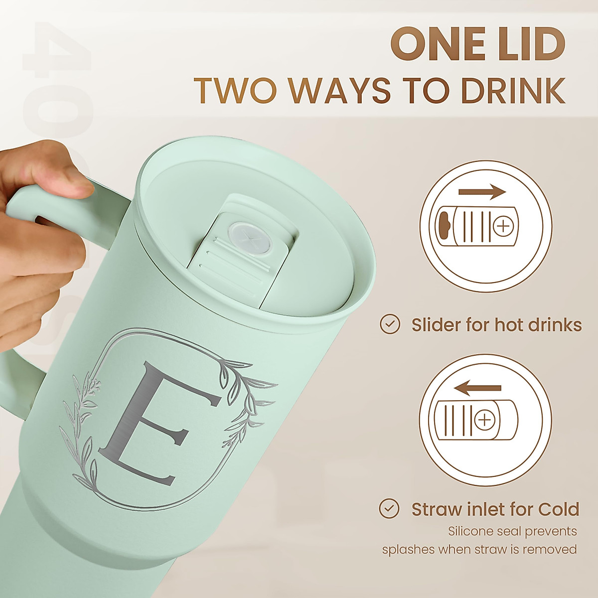 Personalized Monogrammed Tumbler with Handle 40oz, Letter E Tumblers Insulated Coffee Travel Cup, Custom Initial Gift for Women Girls Friends, Monogram Gift for Christmas Birthday Mothers Day