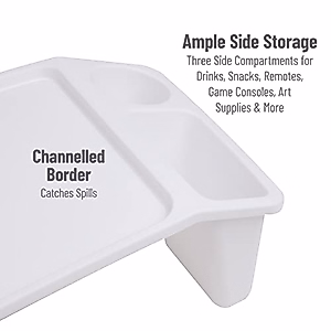 Mind Reader Sprout Collection, Portable Desk, Breakfast Tray, Laptop Desk, Side Storage Pockets with 3 Compartments for Toys, Tablets, Books, Games and Snacks, 22.25" L x 10.75" W x 8.5" H, White