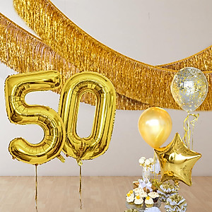 C＆B Gold Foil Fringe Garland Party Decorations, 6 Feet Gold Tinsel Metallic Glitter Banner, Hanging Gold Banner Table Skirt for Birthday Bride Bachelorette Engagement Retirement Christmas Party Decor