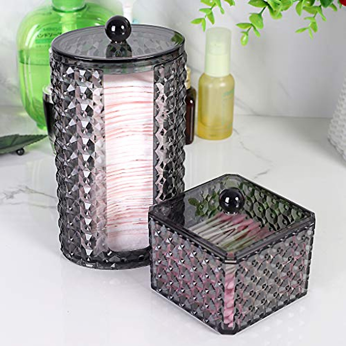 Hipiwe 2 Packs Q-Tips Cotton Round Holder - Acrylic Cotton Swab Canister Jar Cotton Balls Dispenser with Lid, Bathroom Vanity Countertop Storage Organizer for Makeup Sponges,Black