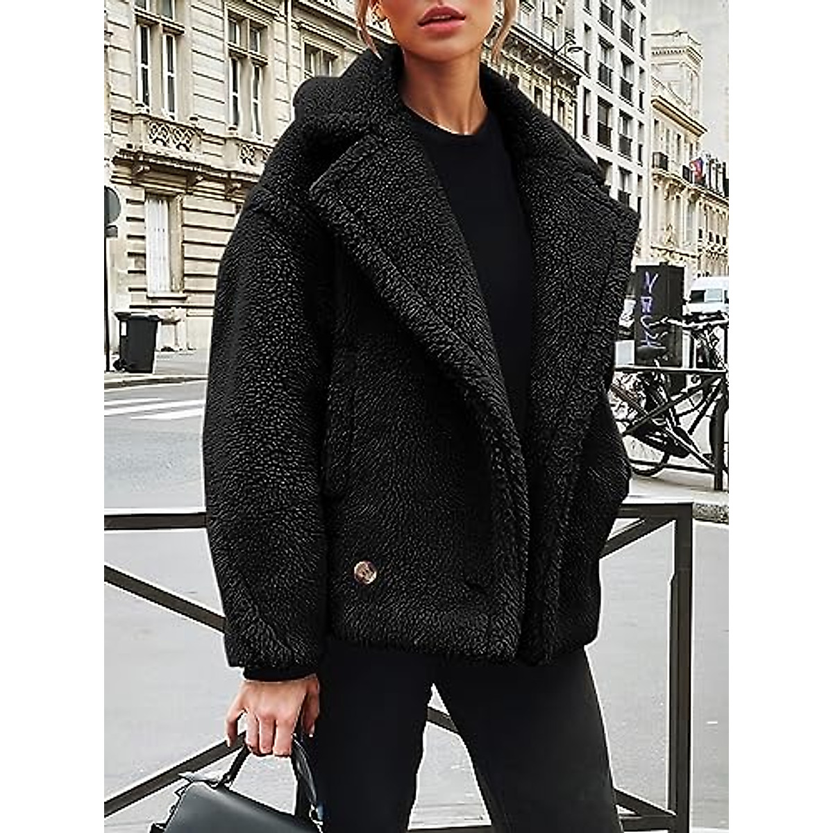 PRETTYGARDEN Womens 2023 Winter Fashion Sherpa Coats Lapel Fleece Jacket Long Sleeve Pockets Faux Fur Dressy Fall Outfits (Black,Small)