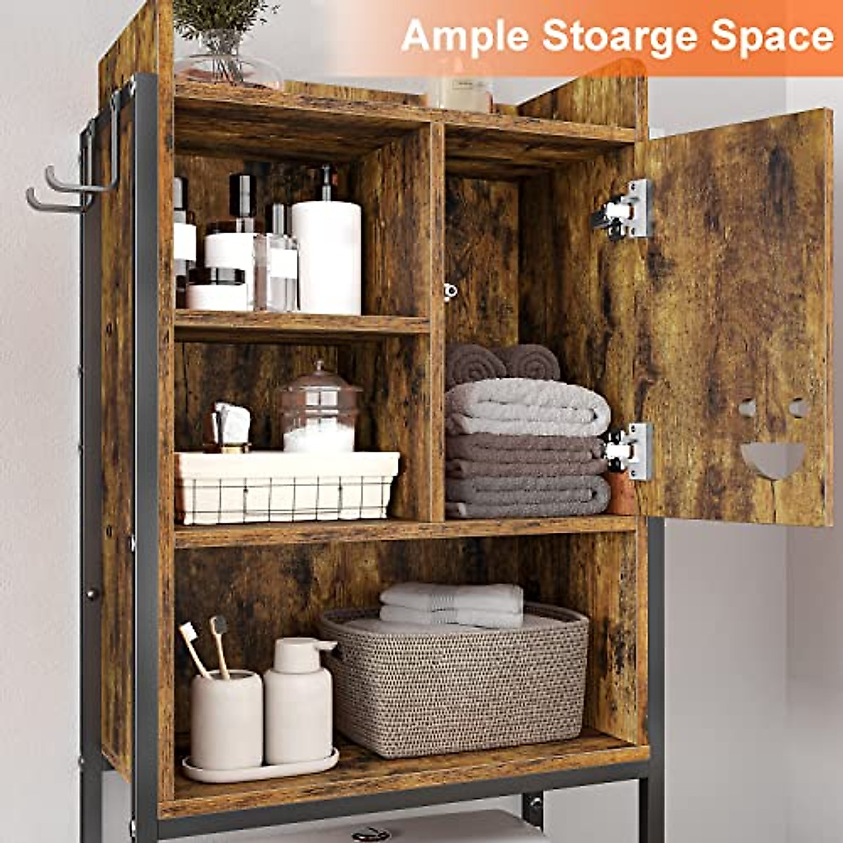 MASHOOPS Over The Toilet Storage Cabinet, Bathroom Organizer Over Toilet, Multifunctional Freestanding Space Saver Cabinets with Adjustable Shelf Paper Hook with Smiling-Door, Rustic Brown