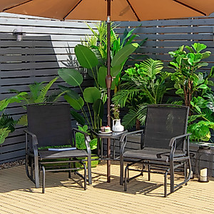 Giantex Outdoor Glider Chairs with Table & Umbrella Hole, Patio 2-Seat Rocking Chair Outside Loveseat Swing w/Breathable Fabric for Garden, Backyard, Poolside, Lawn Metal Glider Bench(Dark)