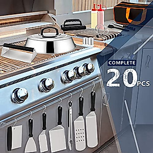 20Pcs Griddle Accessories Kit, HaSteeL Stainless Steel Flat Top Teppanyaki Tools Set for Indoor Outdoor BBQ Camping Cooking, Include Melting Dome, Bacon Press, Metal Spatulas, Scrapers, Easy to Clean
