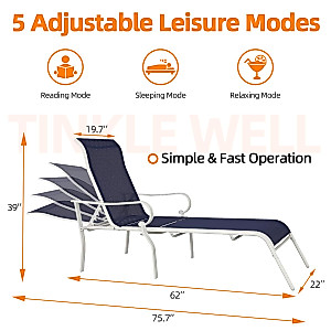 TINKLE WELL Chaise Lounge Outdoor w/Adjustable Back in 5 Reclining Levels, Sturdy Metal Frame, Sunbathing Chair for Beach, Yard, Balcony, Poolside, Dark Blue