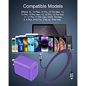 Power Delivery 20W Type USB C Quick Charging Wall Charger Adapter with 3FT Type-C to Lightning Cable for iPhone 14/14 Plus/14Pro/14 Pro Max/13/13Pro/13 Pro Max/12/12Pro/12 Pro Max/11/11 Pro Max-Purple