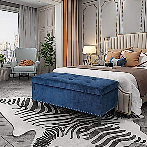 Joveco Storage Ottoman Bench Microfiber Rectangular Button Tufted Footstool Storage Room Organizer (Dark Royal Blue)