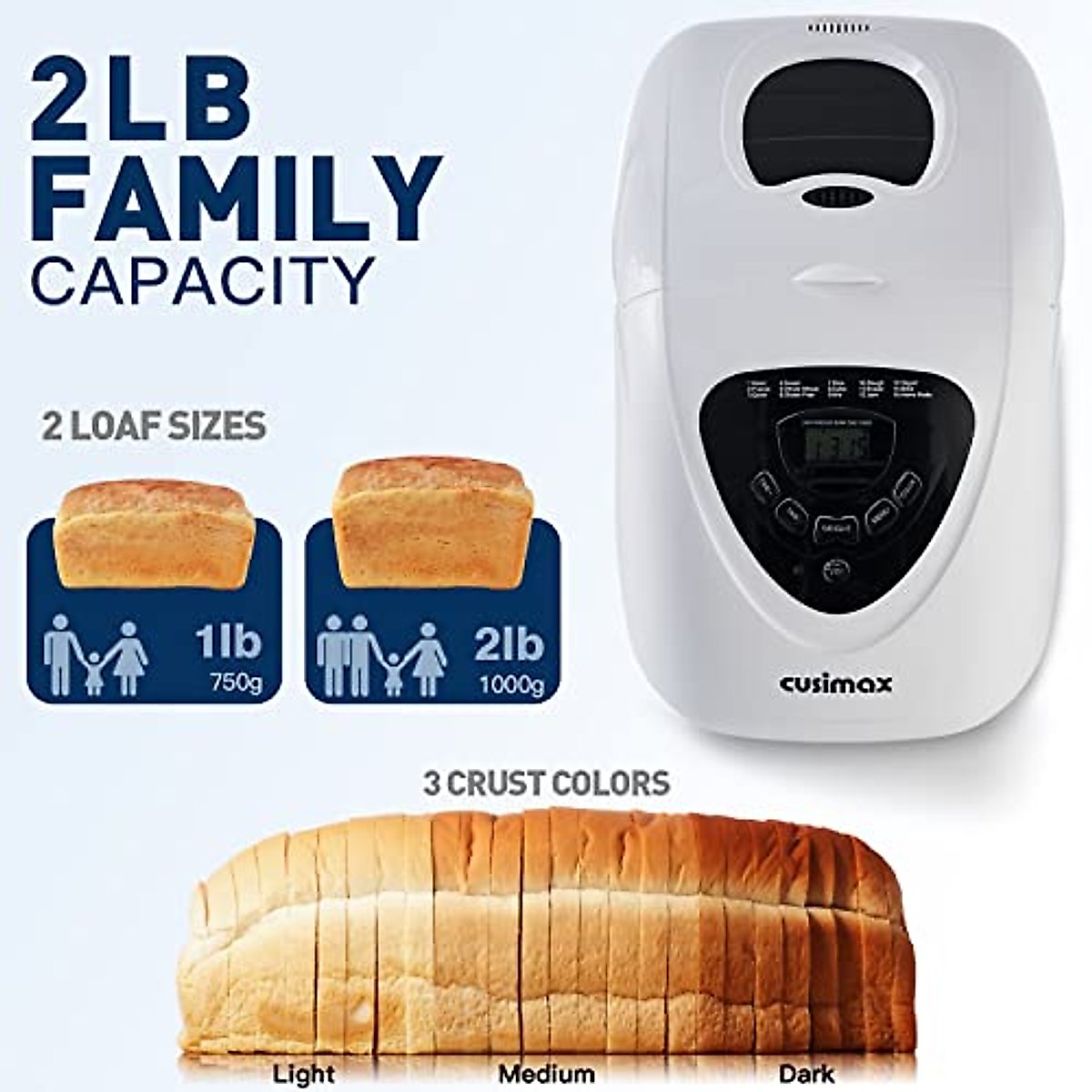 CUSIMAX Bread Machine, 2 LB Loaf Breadmaker, 15-in-1 Bread Maker Machine for Gluten Free Bread, 650 W Automatic Bread Making Machine with Nonstick Pan, 15H Delay Timer Settings, 1H Keep Warm, White