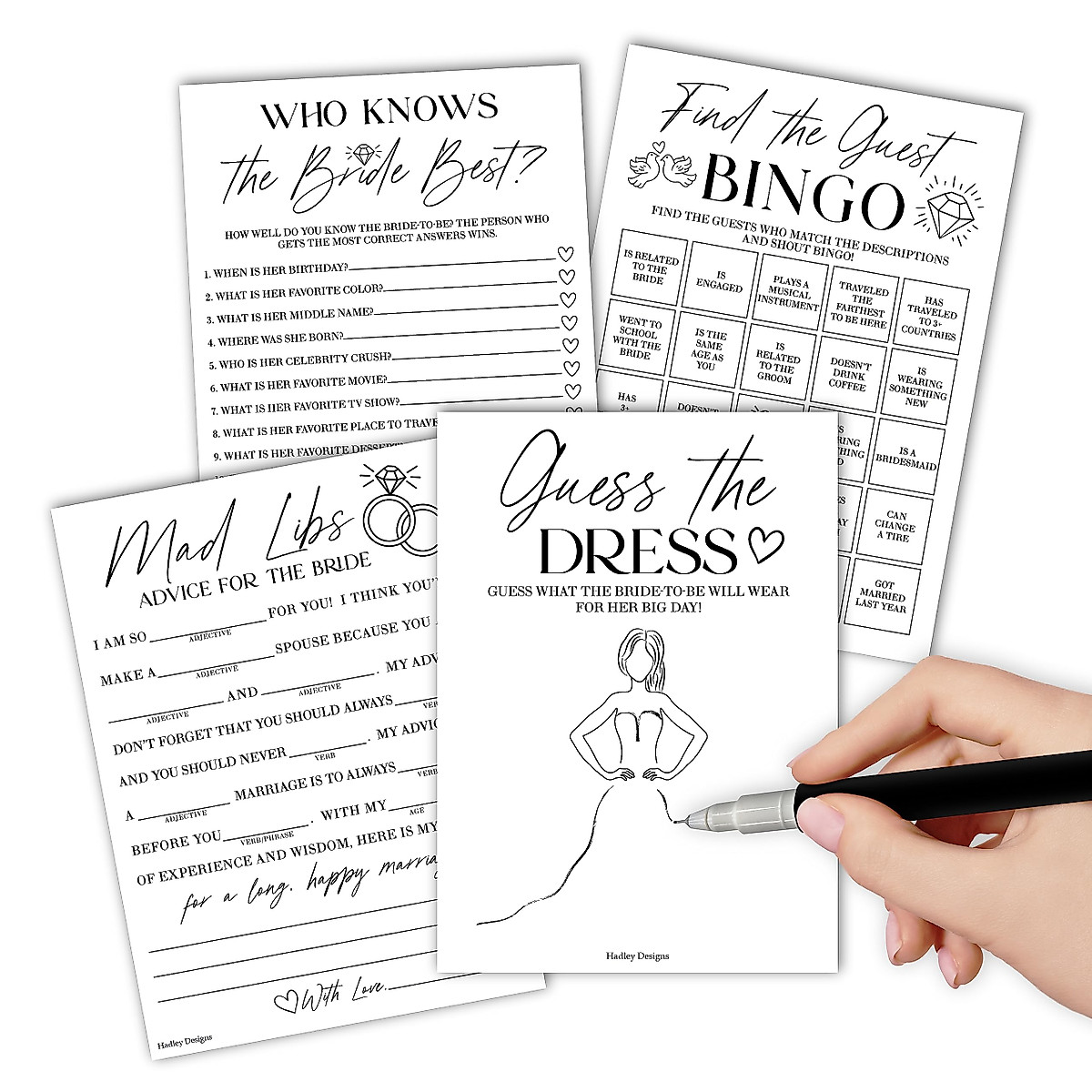 Hadley Designs 40 Minimalist Funny Bridal Shower Games 20 Guests - Wedding Games for Guests, Couples Wedding Shower Games for Couples, Games for Bridal Shower Bingo Game, Bridal Party Games