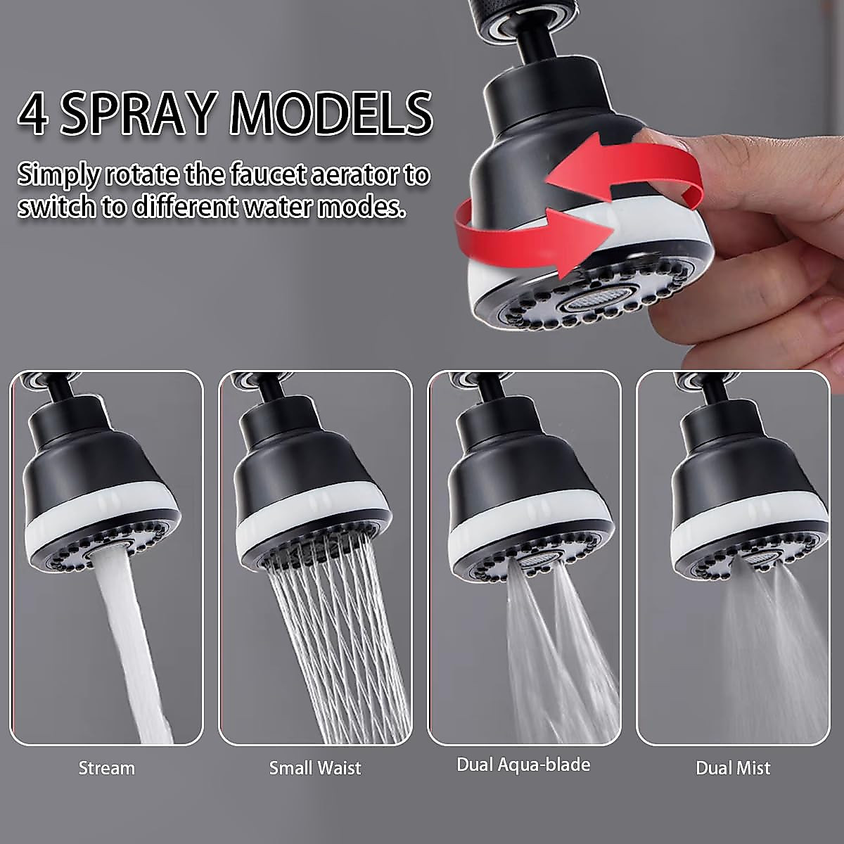 Faucet Aerator Faucet Sprayer Attachment, Kitchen Faucet Head Replacement with 4 Spray Modes, 360° Swivel Faucet Extender Anti-Splash Sink Sprayer Faucet Nozzle Head (Diamond, Black)