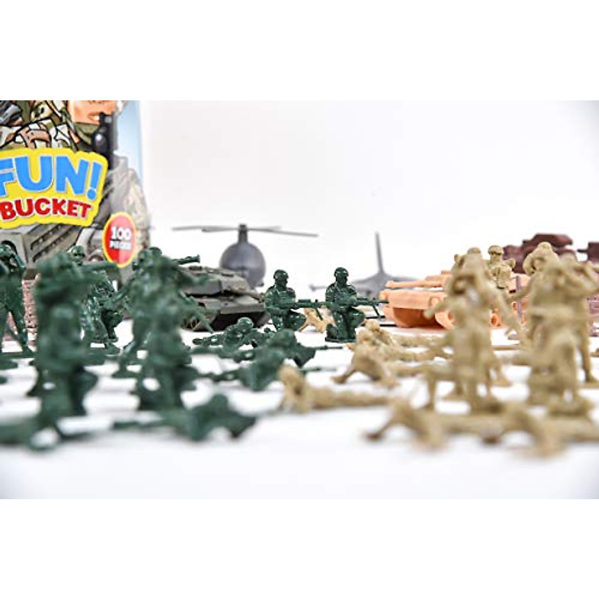 Sunny Days Entertainment Military Battle Group Bucket Over 100 Assorted Soldiers and 20 Accessories Toy Play Set for Kids, Boys and Girls | Plastic Army Men Figures with Storage Container