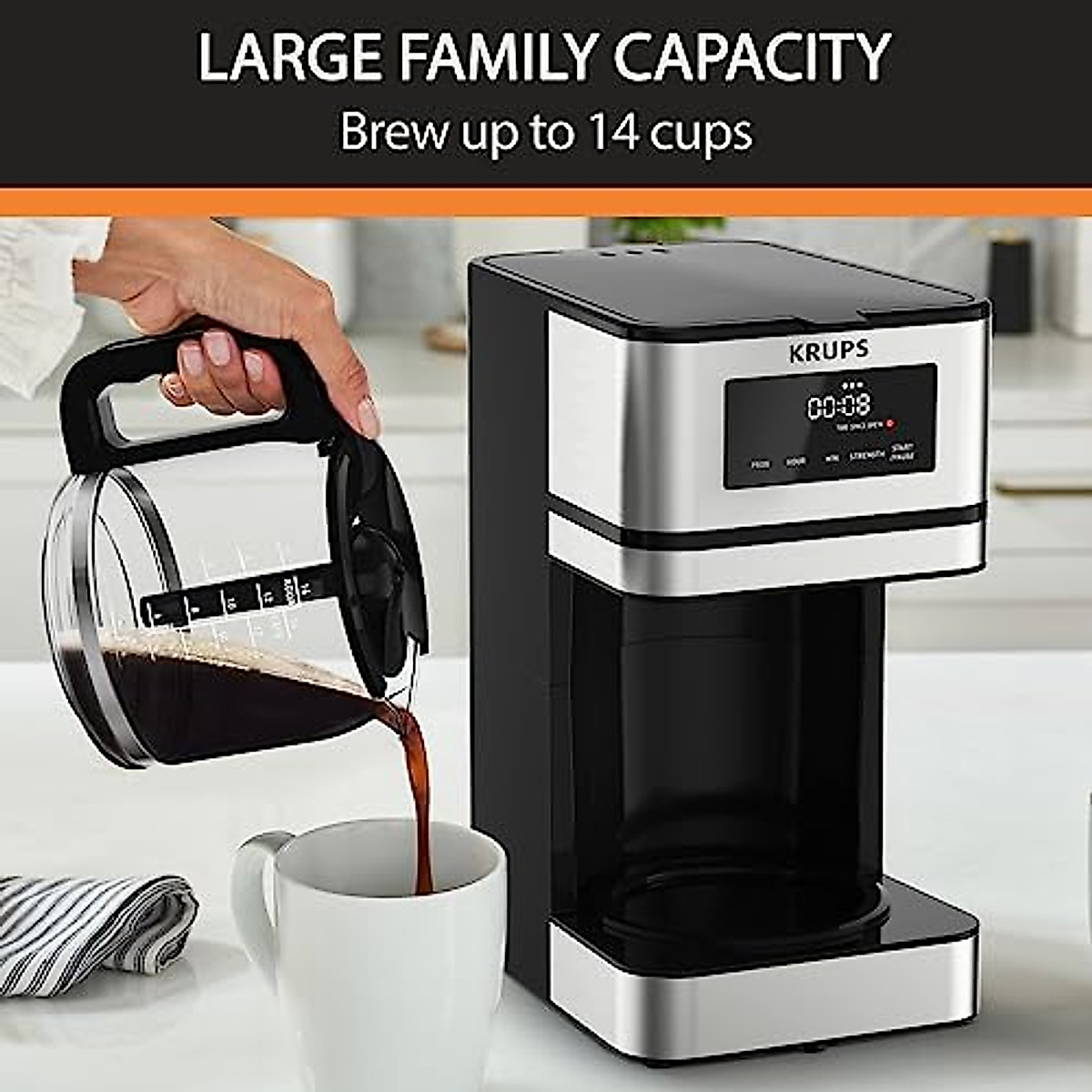 KRUPS Simply Brew Stainless Steel and Glass Carafe Drip Coffee Maker 14 Cup Programmable, Customizable, Digital Display, Warming Function Coffee Filter, Dishwasher Safe, Drip Free Silver and Black