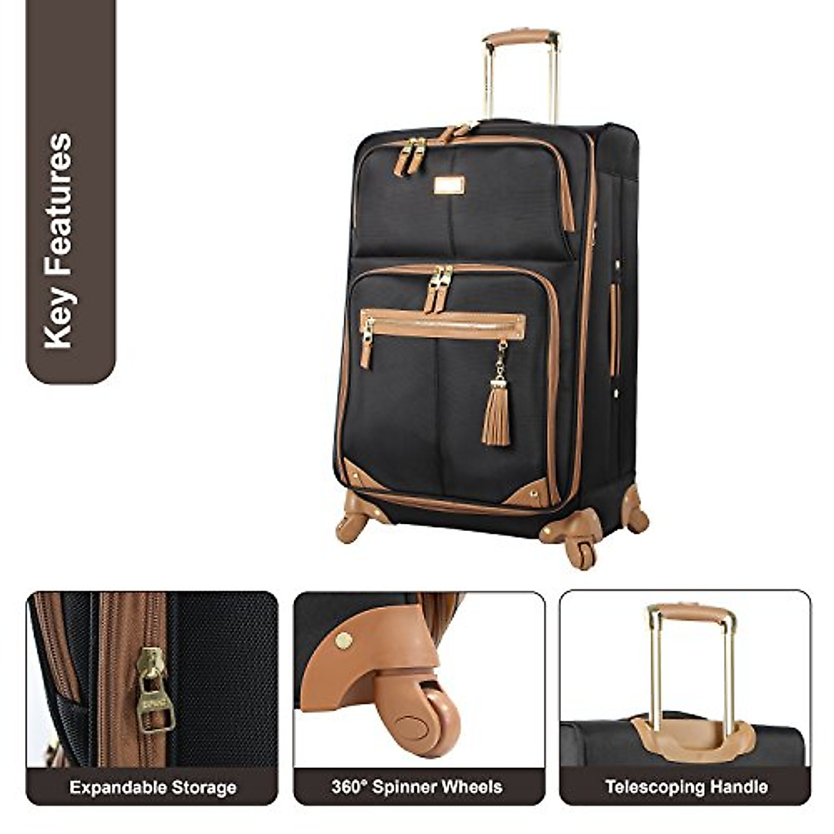 Steve Madden Designer Luggage Collection - 3 Piece Softside Expandable Lightweight Spinner Suitcase Set - Travel Set includes 20 Inch Carry on, 24 Inch & 28-Inch Checked Suitcases (Harlo Black)