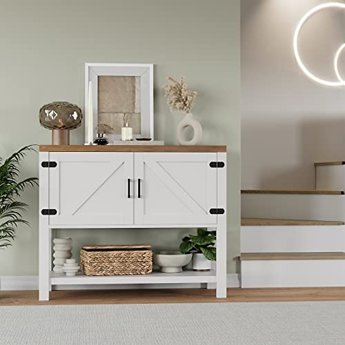 HOSTACK Console Table Sofa Table with 2 Cabinets, Narrow Entryway Table with Storage Shelf, Farmhouse Entry Sofa Tables Buffet Sideboard for Kitchen, Entry Way, Foyer, Dining Room, White/Rustic Brown