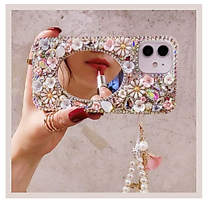 redecarie for Galaxy Note 10 Plus Bling Diamond Rhinestone Mirror Case,Women Girls Cute 3D Glitter Shiny Sparkle Protective Floral Phone Case with Lanyard for Samsung Galaxy Note 10 Plus