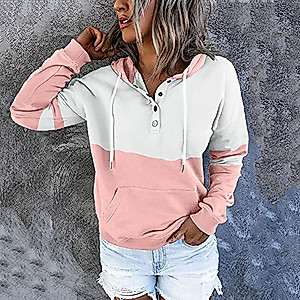 Winnerlion Hoodies Pullover for Womens Button Down Drawstring Hooded Pocket Casual Long Sleeve V Neck Sweatshirts (Pink, S)