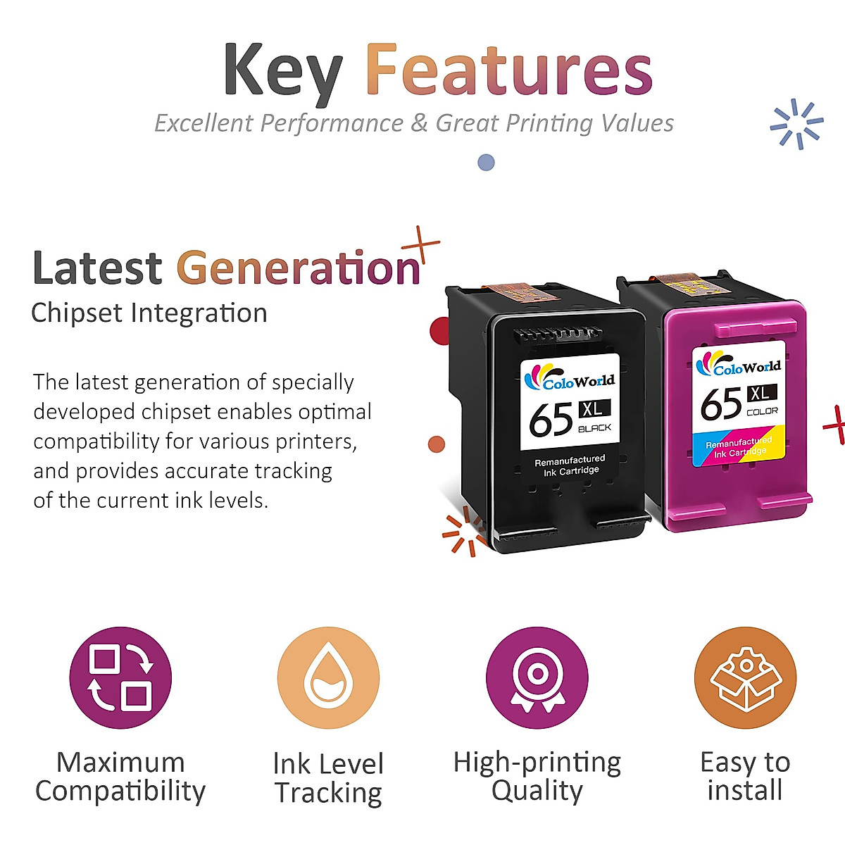 High Yield for HP Ink 65 HP65 65XL Ink Cartridges Combo Pack Black Color Fit for Envy 5055 5052 5000 5012 5010 DeskJet 2600 2622 3723 3755 3758 2624 3730 Printer