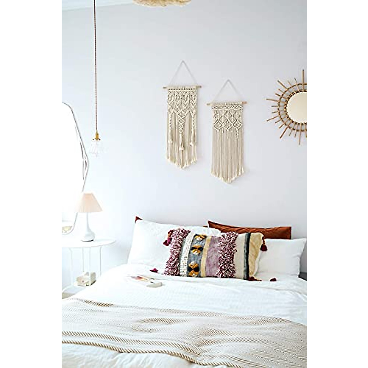 Mkono 4 Pack - 2pcs Hanging Wall Shelf Floating Wood Storage Shelves Leather Strap Swing Organizer, and 2pcs Macrame Woven Wall Hanging Boho Home Chic Bohemian Geometric Art Decor